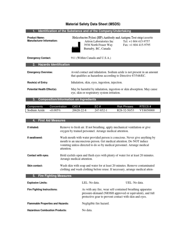 MSDS HP Antibody and Antigen Test | PDF | Occupational Safety And Health