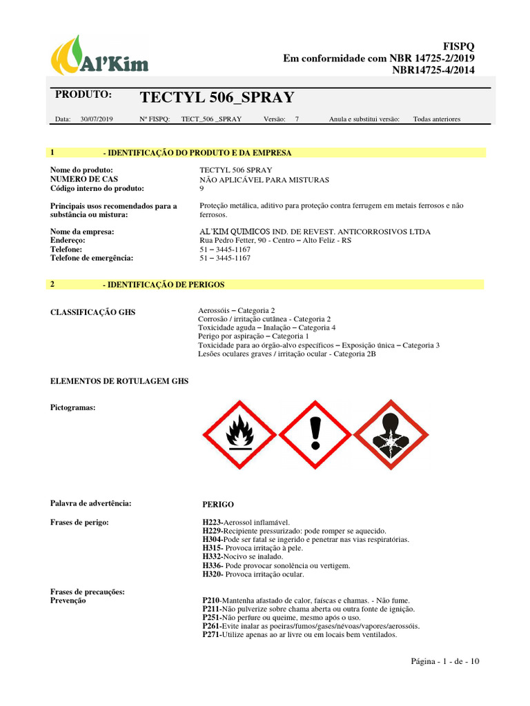 FISPQ Tectyl 506 Spray - Segurança e Uso | PDF | Combustão | Incêndios