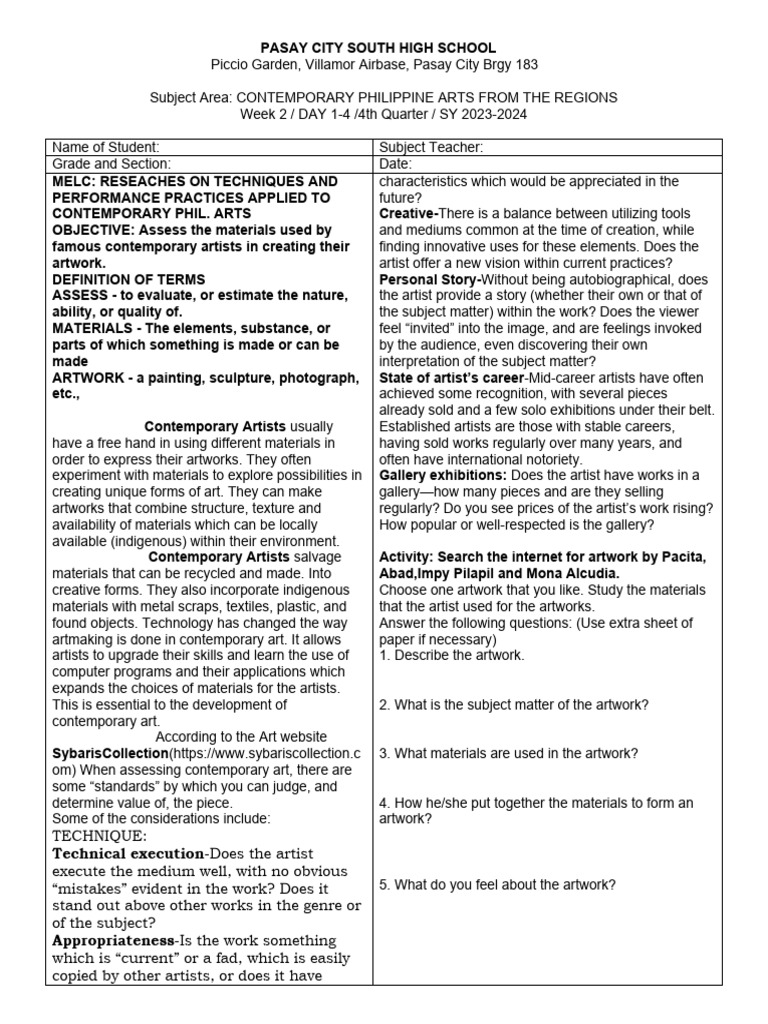 Cpar Worksheet q4 w2 | PDF | Collage | Image