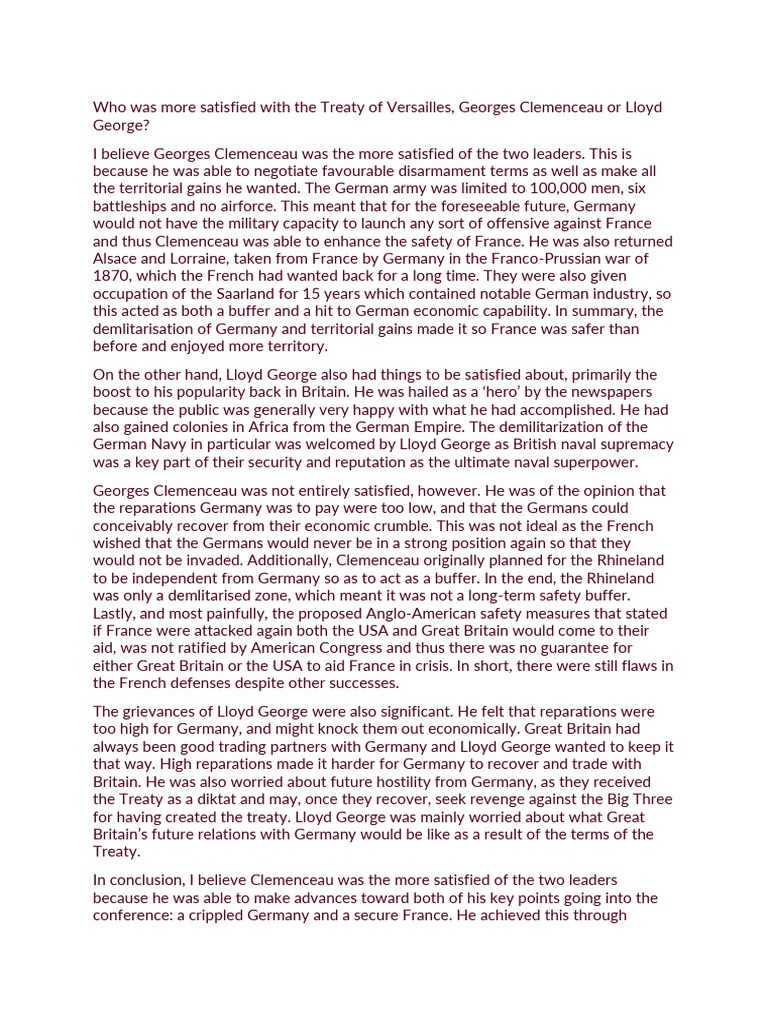 Clemenceau's Satisfaction with Versailles | PDF | French Third Republic ...