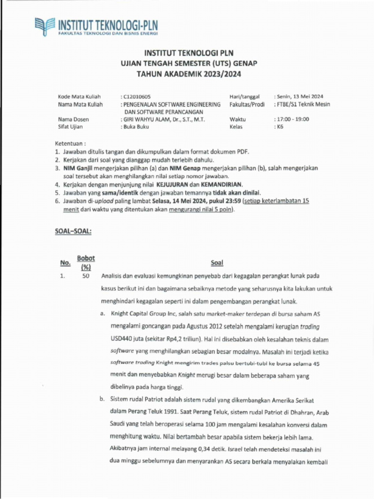 Soal UTS 20232 C1201605 Pengenalan Software Engineering K7 | PDF