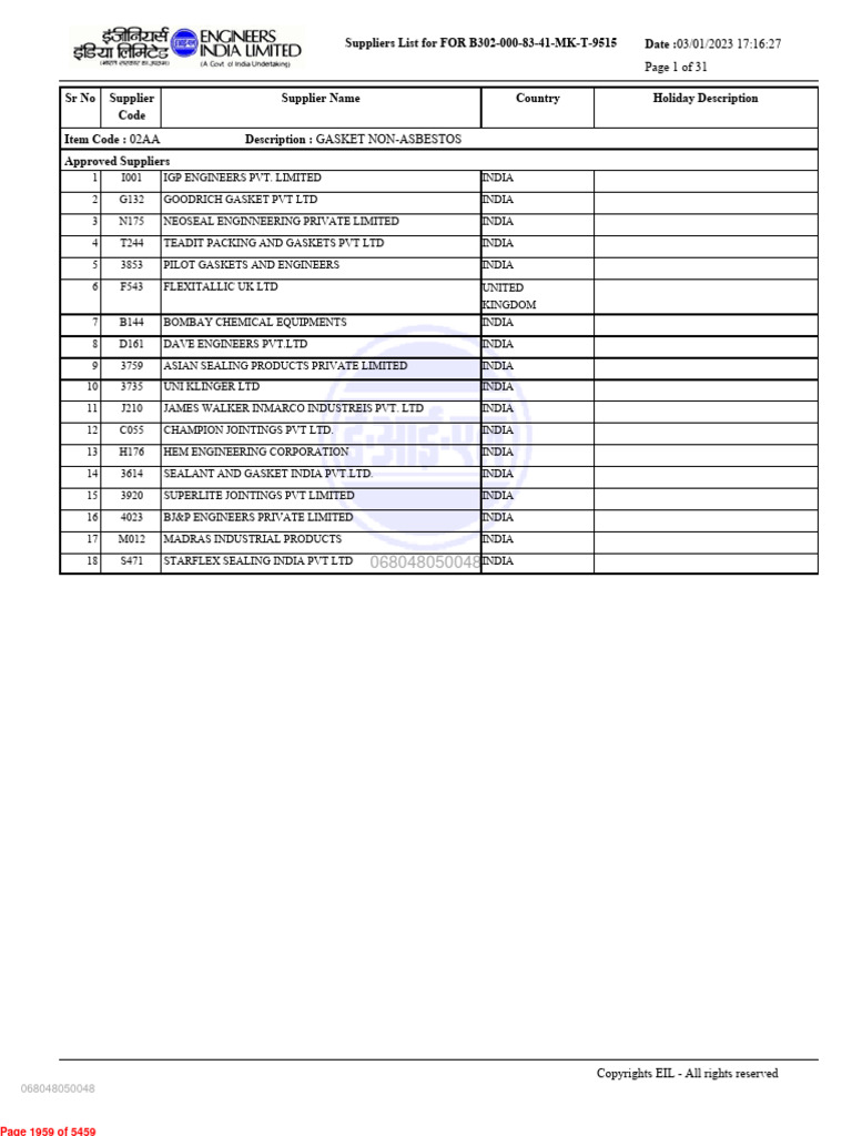 EIL Approved Suppliers | PDF