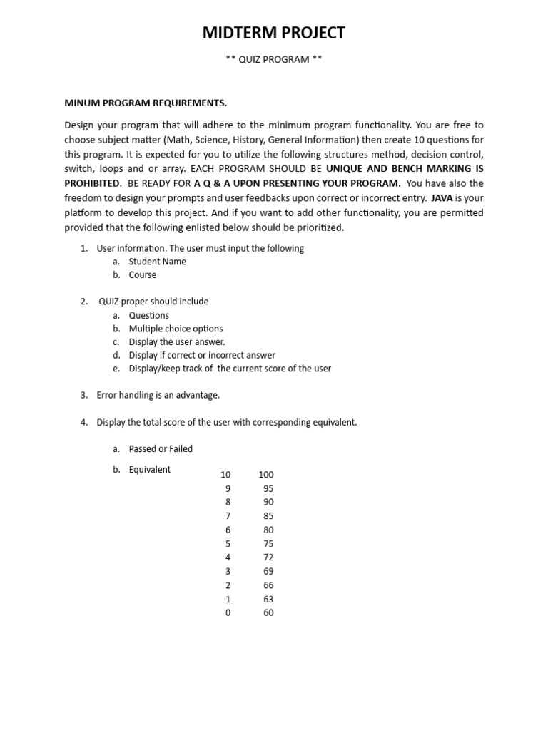Java Quiz Program Project Guidelines | PDF