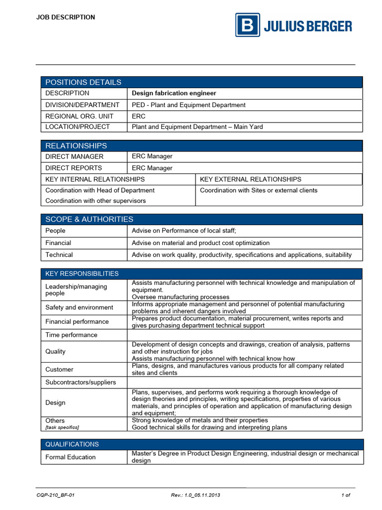 CQP-210 - BF-01 - Job Description Template - Design - Engineer | PDF | Design | Engineering