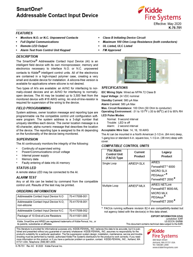 Kidde SmartOne Addressable Contact Input Device K-76-701 | PDF ...