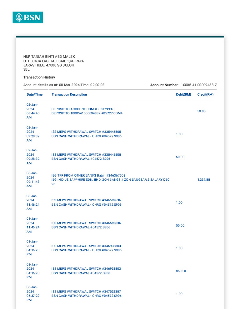 MyBSN - Transaction History - Bank Simpanan Nasional | PDF | Banking ...