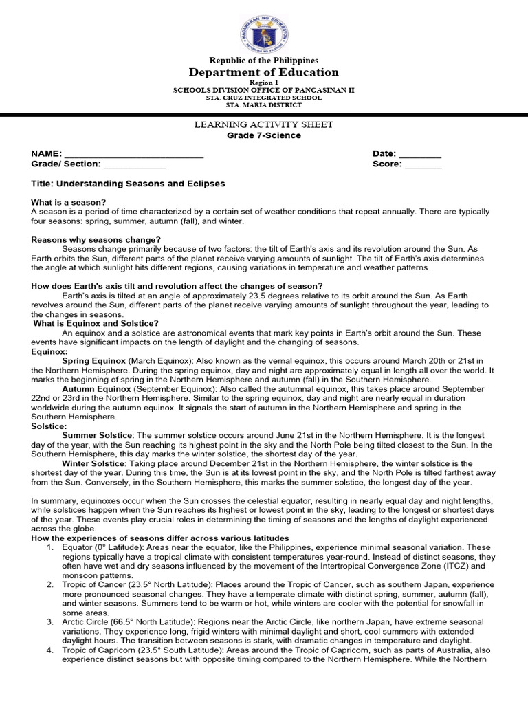 Grade-7 Seasons and Eclipses | PDF | Solar Eclipse | Shadow
