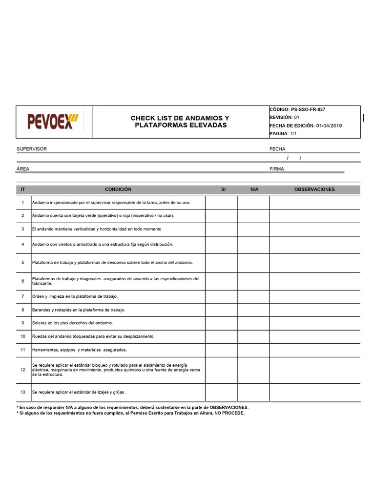 Ps-Sso-Fr-037 Check List Andamios y Plataformas | PDF