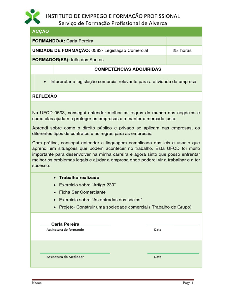Reflexão UFCD 0563 - Legislação Comercial | PDF