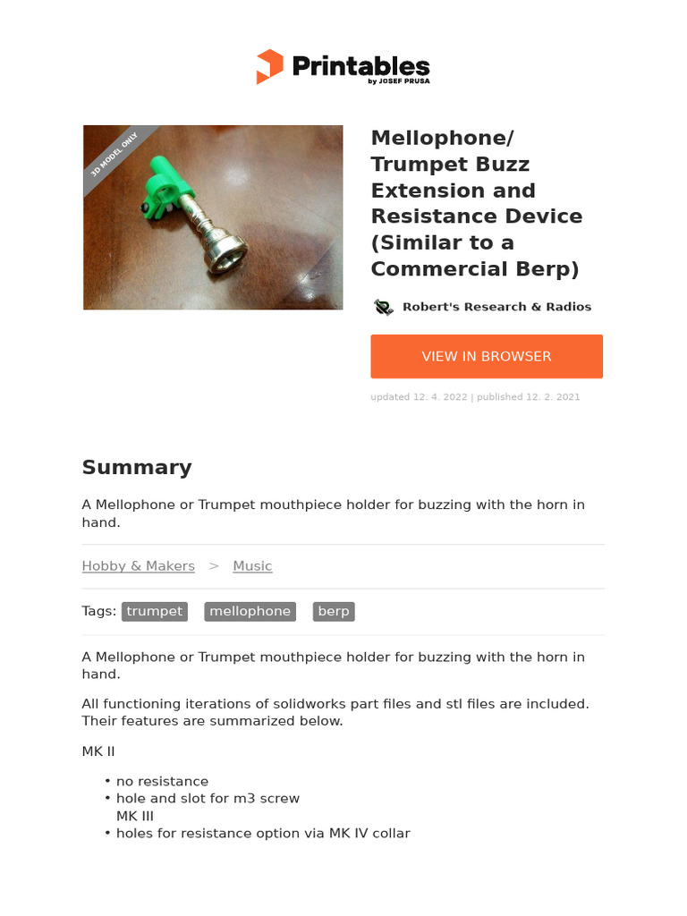 Mellophonetrumpet Buzz Extension and Resistance Device Similar To A ...