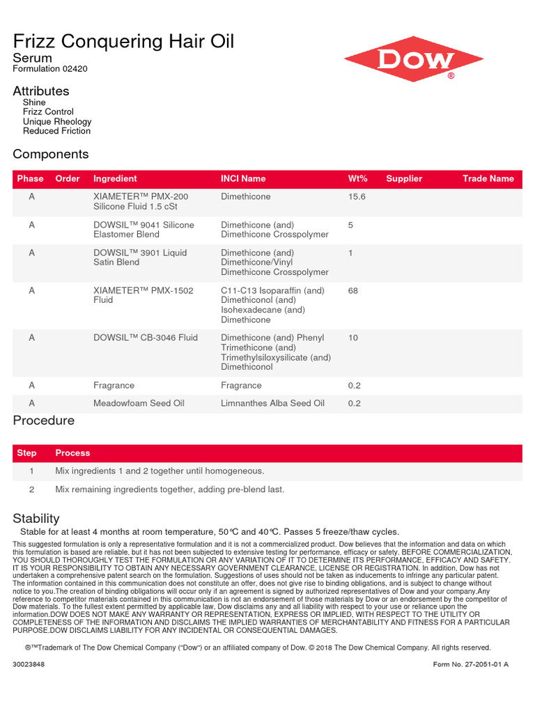 27 2051 01 Formulation 02420 Hair Oil | PDF | Silicone | Dow Chemical ...