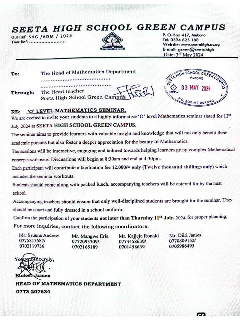 Seeta High School - Green Campus O'level Mathematics Seminar | PDF