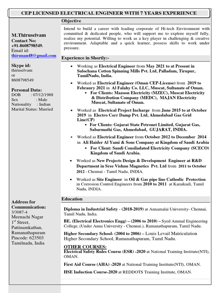 Electrical Engineer with Oman CEP License | PDF | Transformer ...