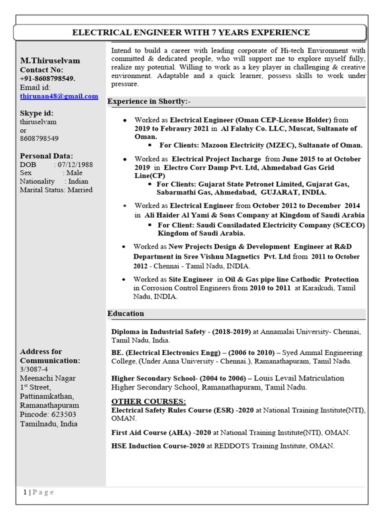 M.thirUSELVAM (Electrical Engineer Gulf Exp 4 Years) | PDF | Transformer | Electric Power ...