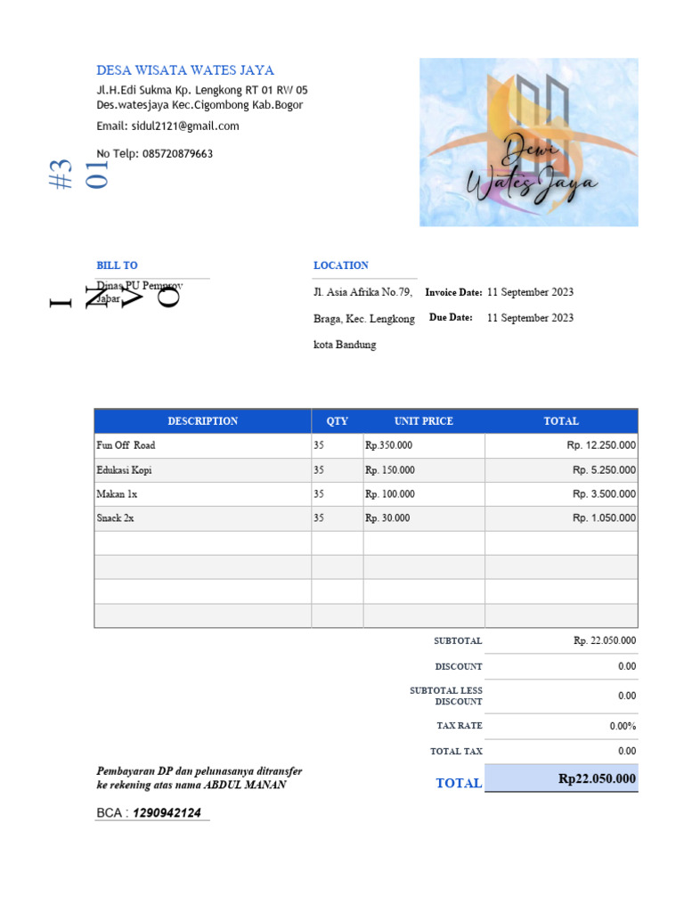 Invoice Desa Wisata Wates Jaya | PDF