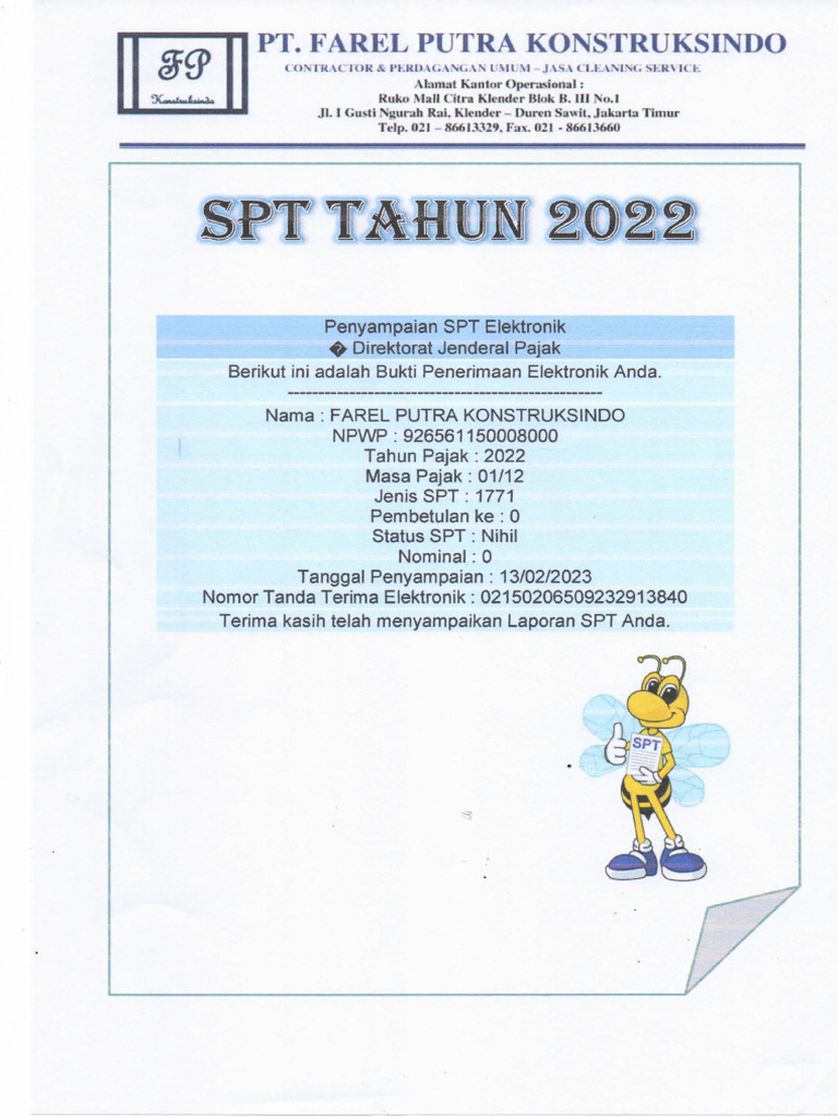 SPT Tahun 2022 Pt. Farel Putra Konstruksindo | PDF