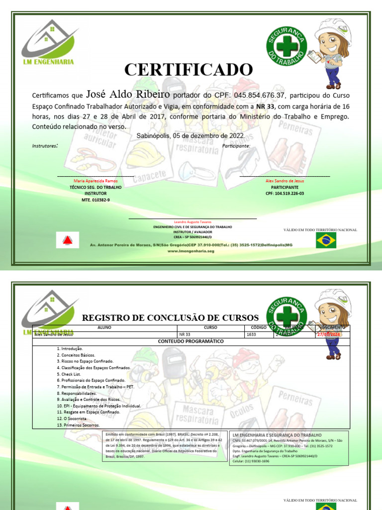 Certificado NR 33 - LM Eng. | PDF