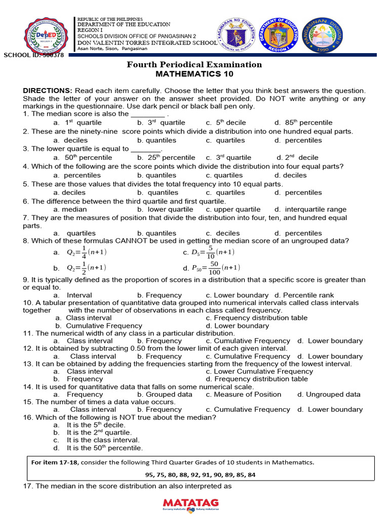 Grade 10 4th Quarter Math Exam | PDF | Percentile | Quartile
