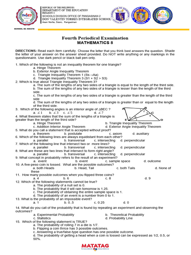 Grade 8 Fourth Quarter Exam1 | Download Free PDF | Probability | Mathematics