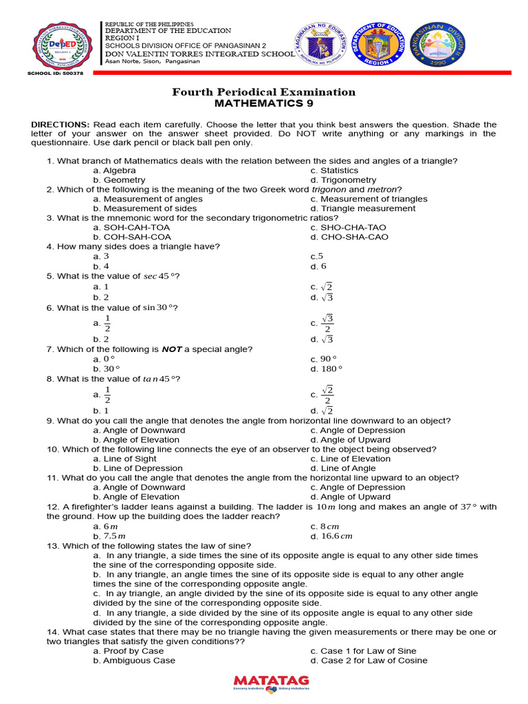 Grade 9 Trigonometry Exam Paper | PDF | Trigonometric Functions | Triangle