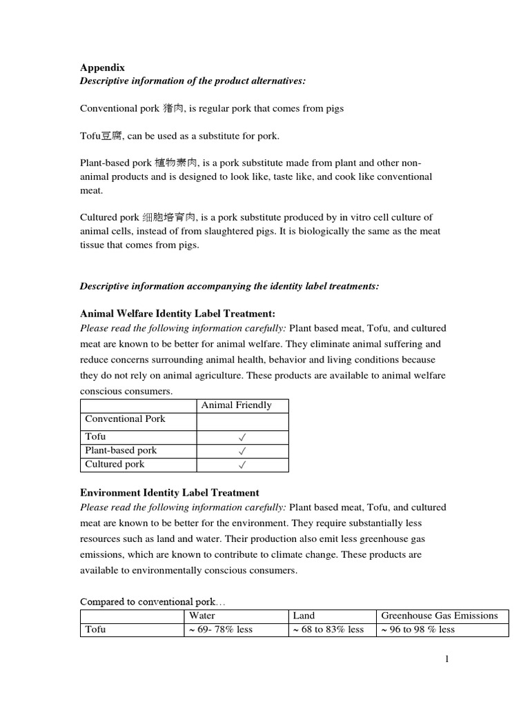 Appendix Descriptive information of the product alternatives ...