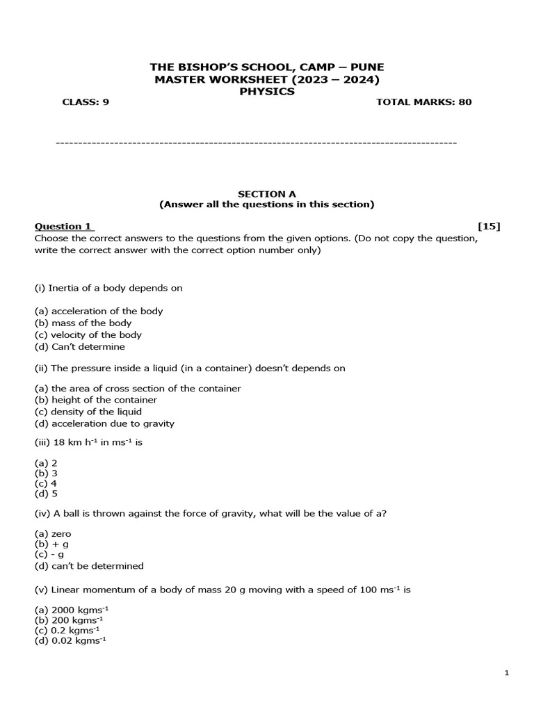 21082023122826class 9 Physics Master Worksheet | PDF | Force | Acceleration