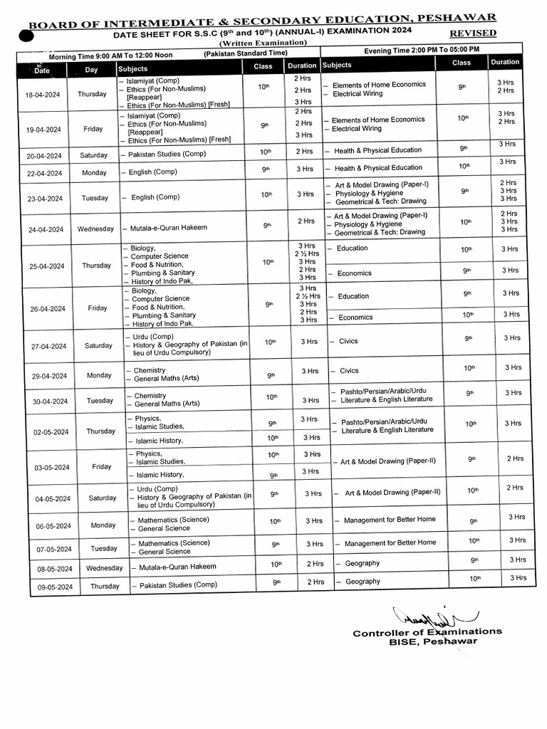 Revised Datesheet - SSC Annual-I Examination 2024 | PDF