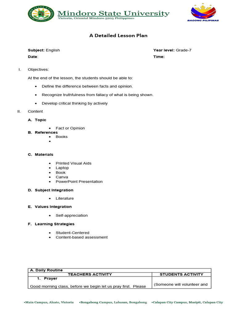 Grade 7 English Lesson Plan: Facts vs. Opinions | PDF | Prayer ...
