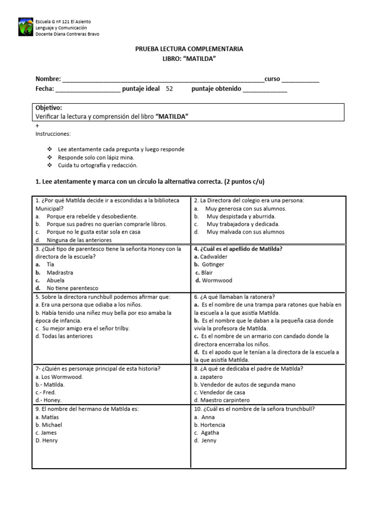 Prueba de Lectura MATILDA 6º | PDF