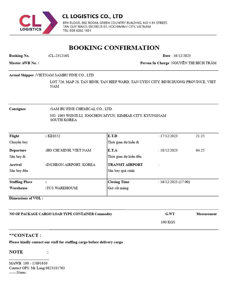Booking Confirmation: Contact | PDF | Cargo | Transport