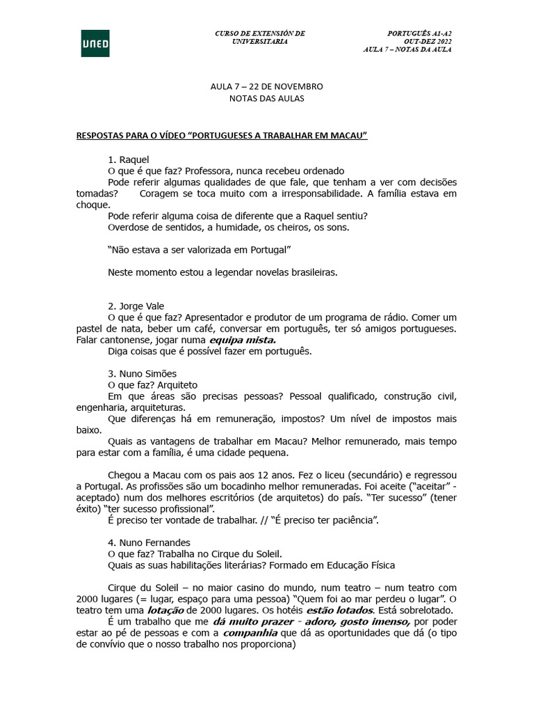 A1-A2 Aula 7 Notas Das Aulas | PDF | Portugal