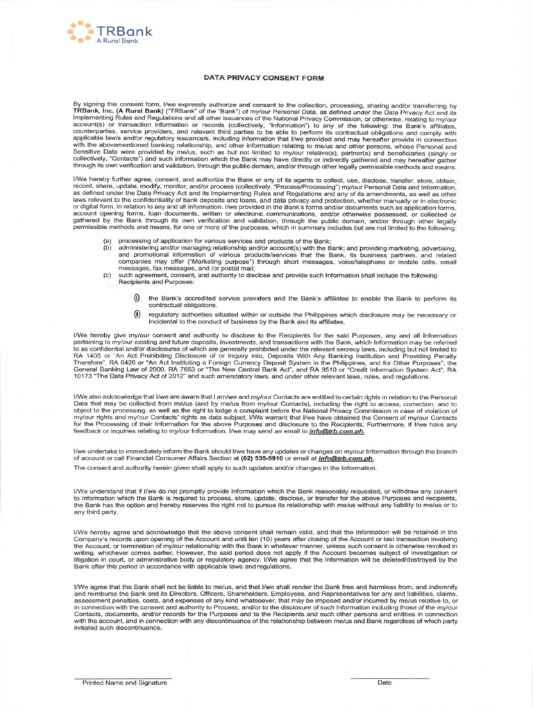 Data Privacy Consent Form for Banking | PDF | Civil Rights And ...