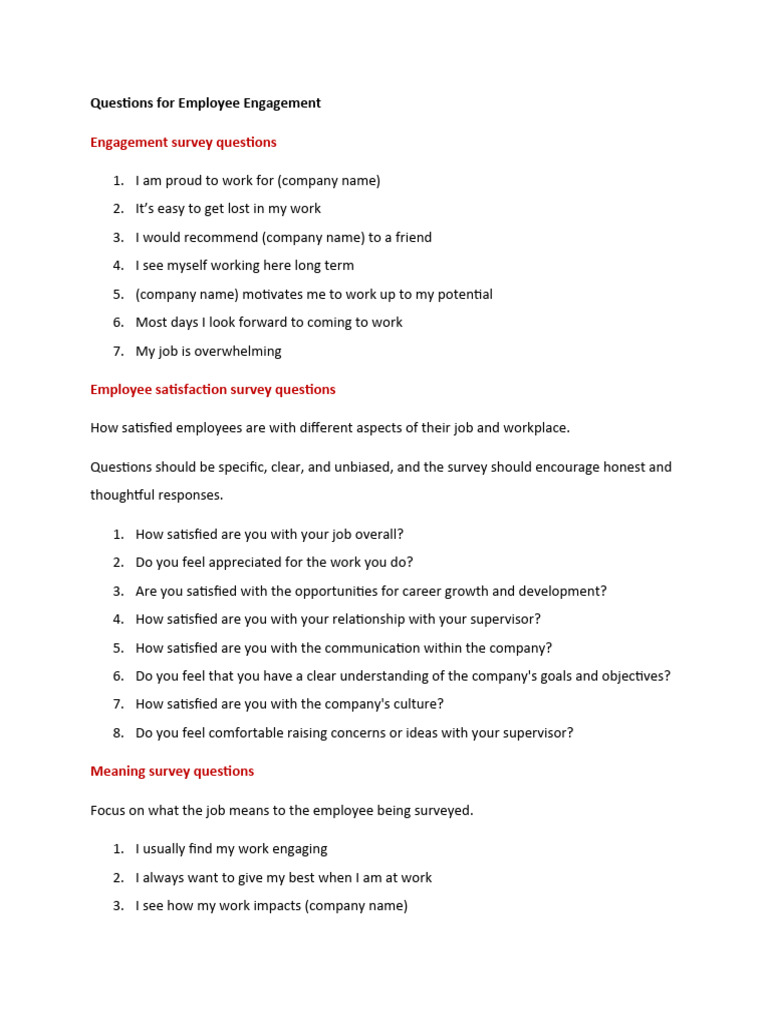Employee Engagement Survey Questions | PDF | Job Satisfaction | Social ...