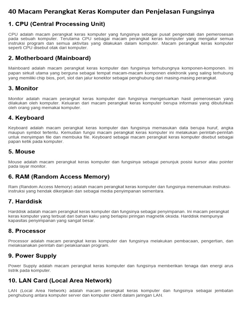 40 Macam Perangkat Keras Komputer Dan Penjelasan Fungsinya Mata Pelajaran INformatika Kelas 8 | PDF
