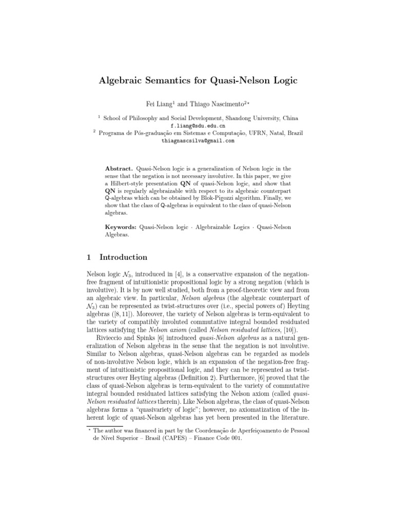 Algebraic Semantics For Quasi-Nelson Logic | PDF | Mathematical Logic ...