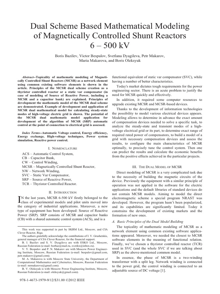 Dual Scheme Based Mathematical Modeling Of Magnetically Controlled Shunt Reactors Pdf