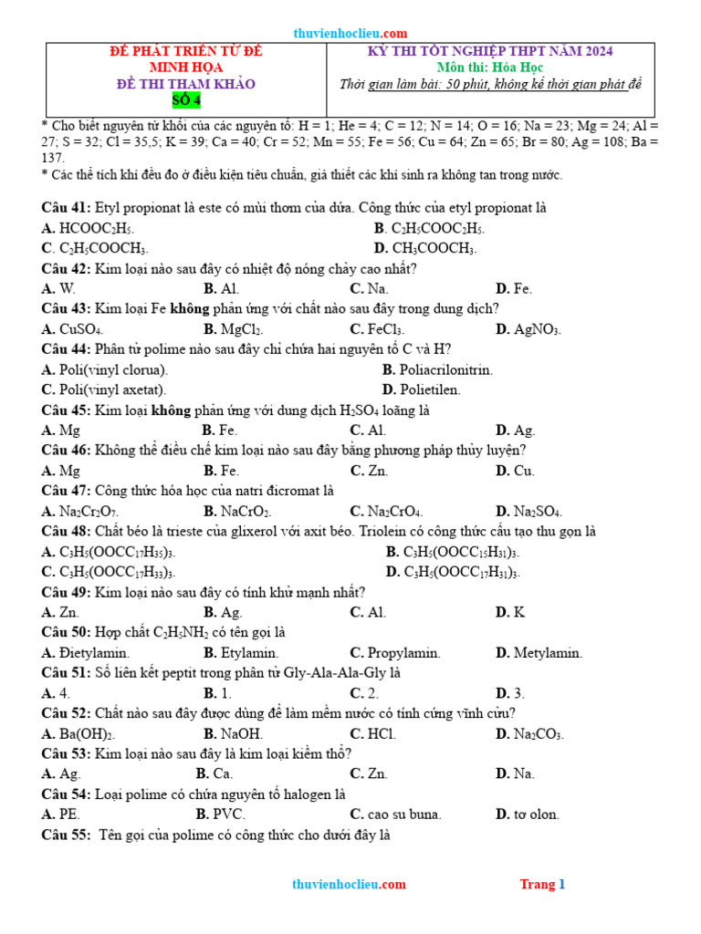 De Thi Thu TN THPT 2024 Hoa Phat Trien Tu de Minh Hoa de 4 | PDF