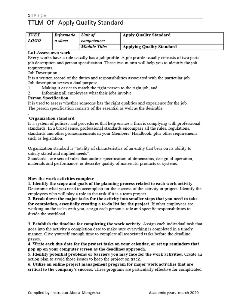 Applying Quality Standards in Work | PDF | Evaluation | Motivation