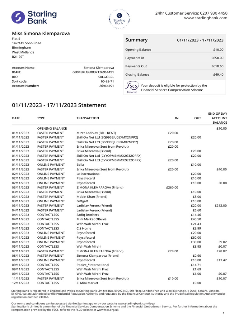Starling Bank Account Statement Summary | PDF | Financial Services | Money
