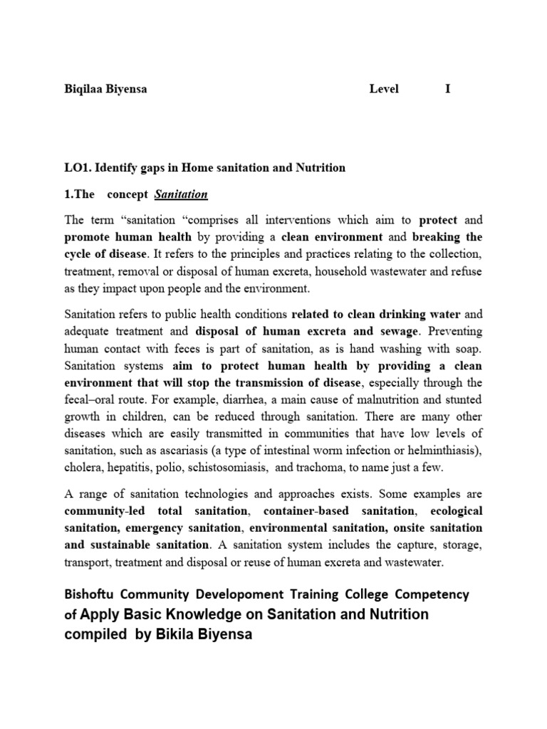 Apply Basick Knowledge On Sanition Level I | PDF | Sanitation ...