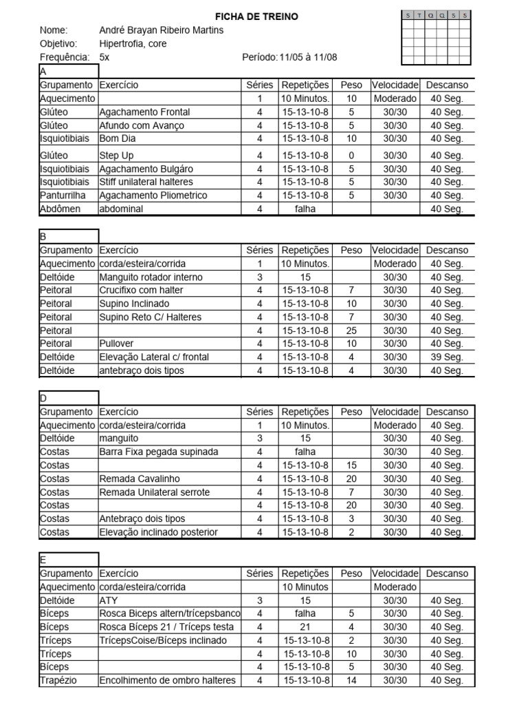Ficha de Treino | PDF | Ombro | Tecido macio
