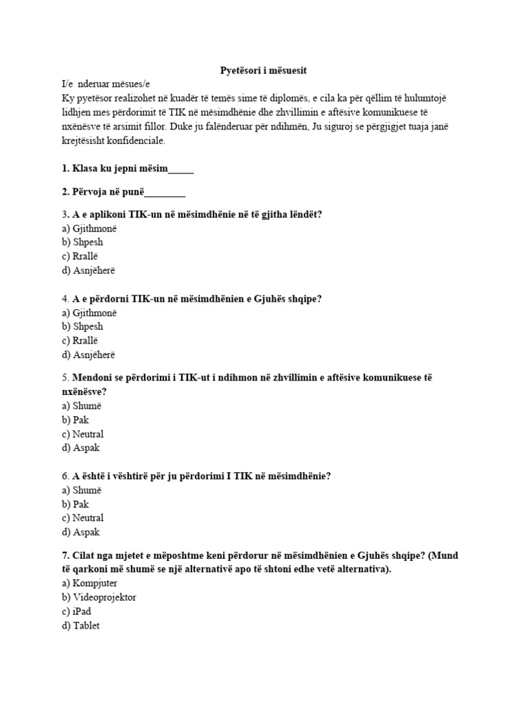 Pyetesor Zhvillimi Gjuhesor | PDF