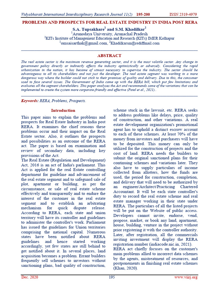 Problems and Prospects For Real Estate Industry in India Post Rera | PDF | Economies