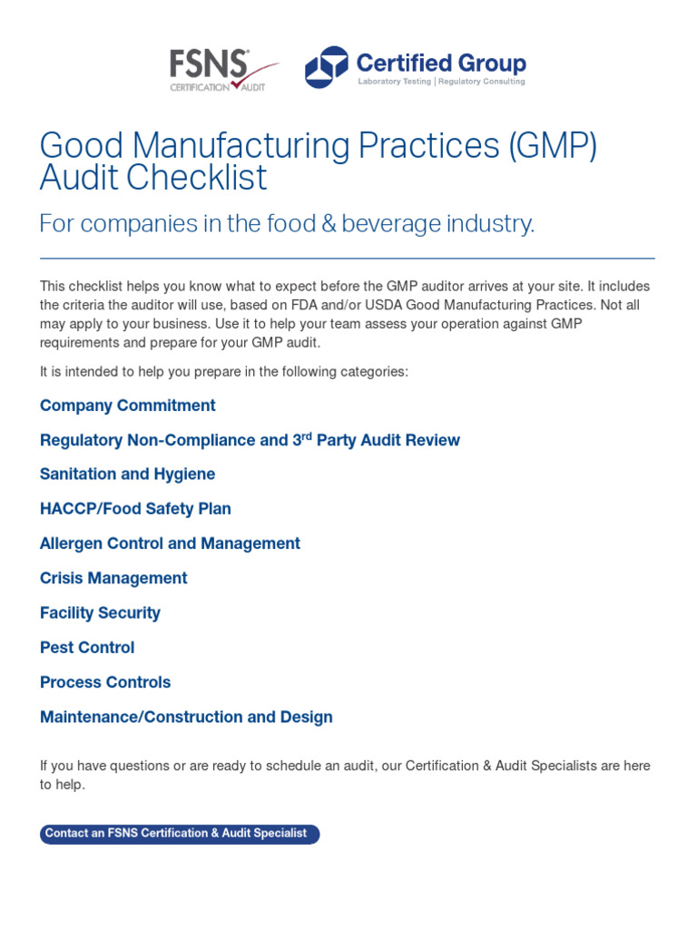 FSNS - CA - GMP Audit Checklist | PDF | Hazard Analysis And Critical ...