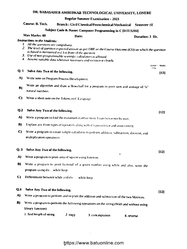 Btech 1 Year Computer Programming in C Btes204 2023 | PDF