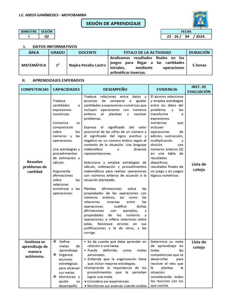 SESIÓN DE APRENDIZAJE 1° sec | PDF | Números | Aprendizaje