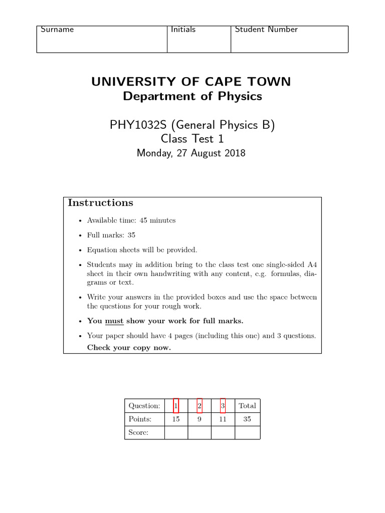University of Cape Town Department of Physics: PHY1032S (General ...