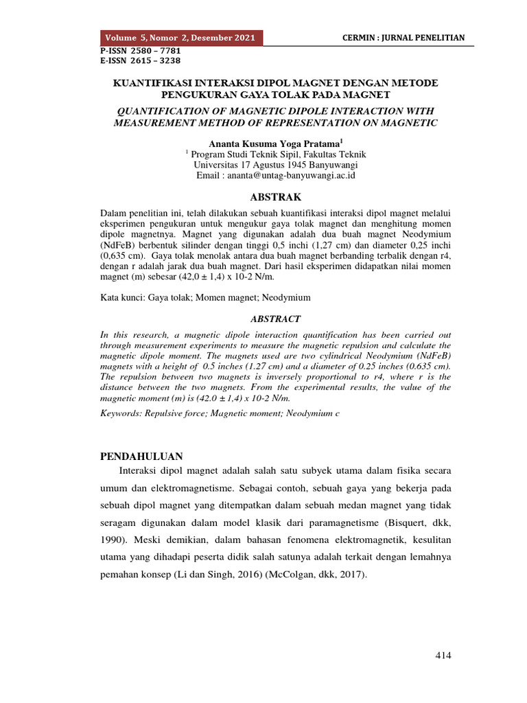 Kuantifikasi Interaksi Dipol Magnet Dengan Metode Pengukuran Gaya Tolak ...