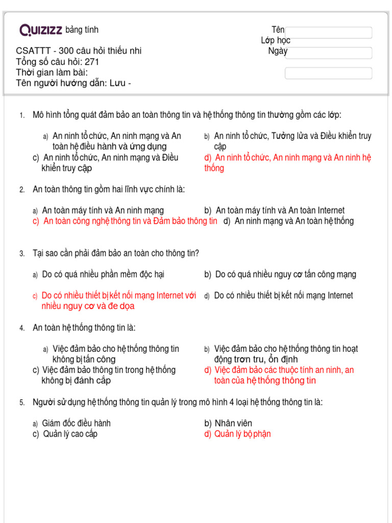 At&BMHTTT - TN - 300 Câu Hỏi Thiếu Nhi - Quizizz | PDF