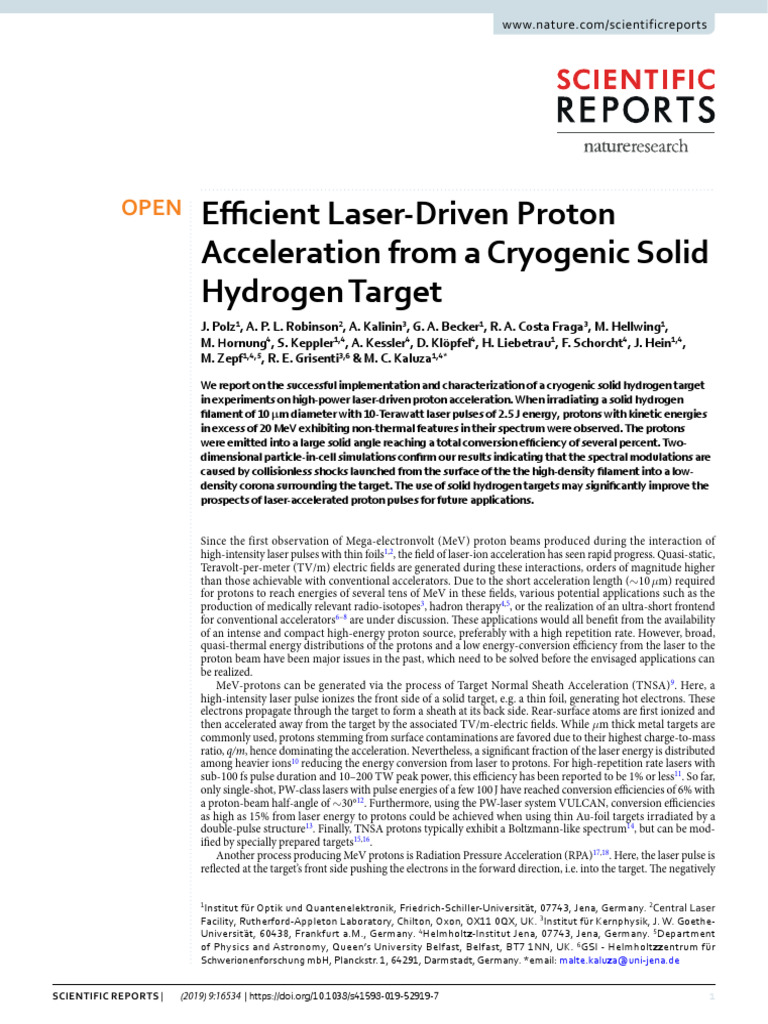 Efficient Laser-Driven Proton Acceleration From A Cryogenic Solid Hydrogen Target | Download ...